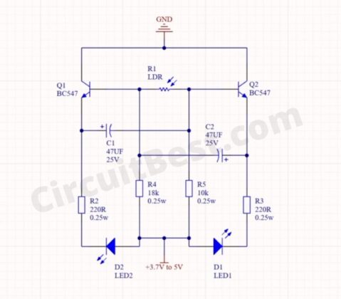 Simple Light Sensitive Dual LED Flasher Circuit with LDR | CircuitBest
